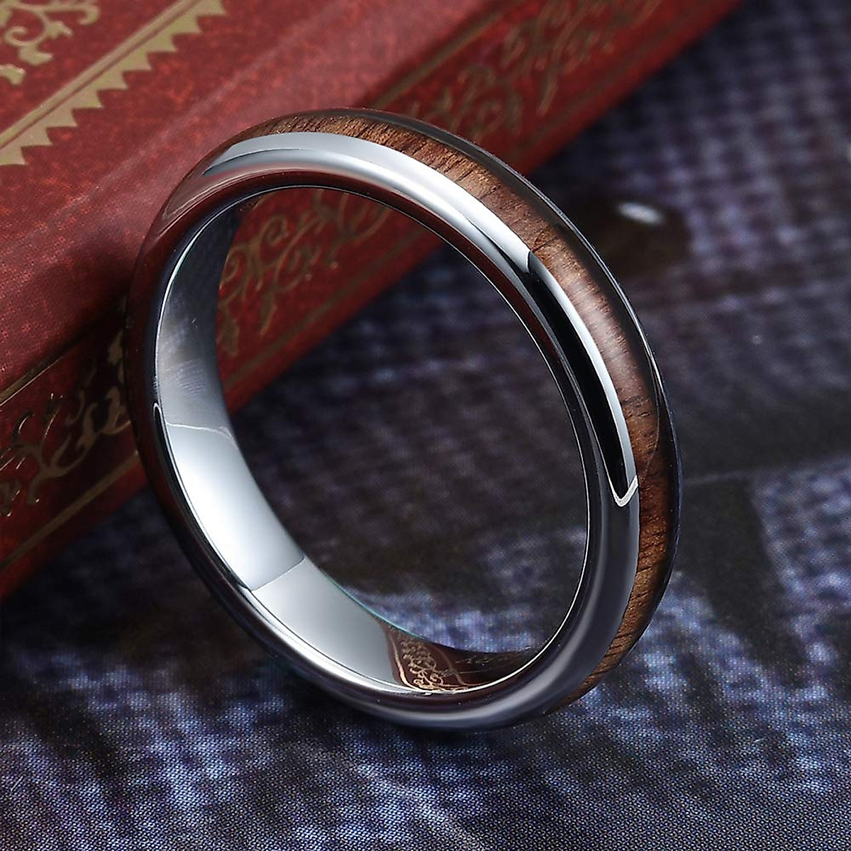 THREE KEYS JEWELRY 4mm White Tungsten Carbide Wedding Ring for Women with Koa Wood Inlay Domed Wedding Band Engagement Ring Comfort Fit Size 8