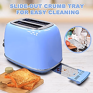 Toaster 2 slice, KitchMix Retro Stainless Steel Toaster with 6 Settings, 1.5 In Extra Wide Slots, Bagel/Defrost/Cancel Function, Removable Crumb Tray (Blue)