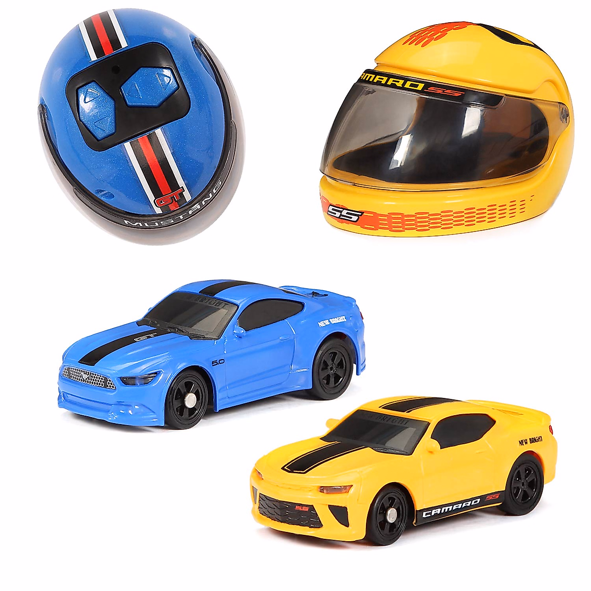 New Bright Mini R/C Mustang GT & Camaro Helmet Racers RC Cars, 2 Pack Set