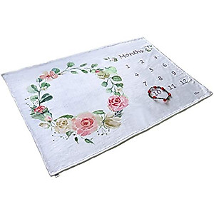Baby Monthly Milestone Blanket for Girl & Boy - Floral Plush Fleece for Baby Photo – Baby Shower/Registry Gift – Baby Safe Soft Wrinkle Free - Swaddle and Throw - Bonus Wreath + Organic Cotton Bib