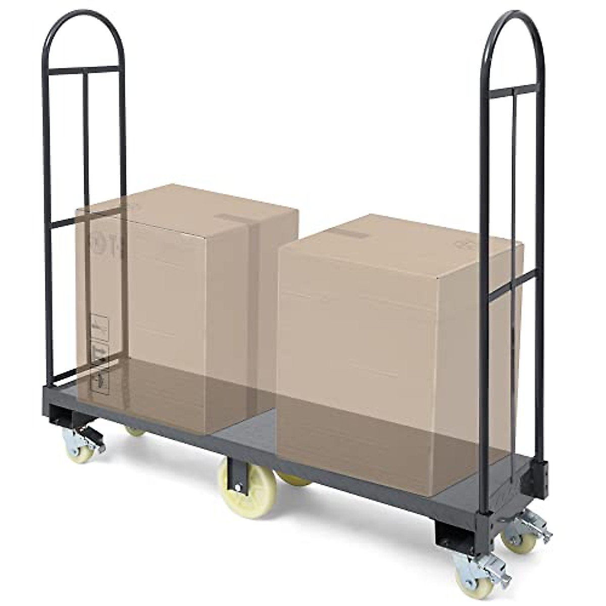Heavy Duty Narrow Aisle U-Boat Platform Truck Dolly, 60.2 x 15.7 x 60.6 Inch U- Boat Cart with Thick Steel Deck 2000 Lb. Capacity with 6 Casters（4 Swivel Wheels with Brake）