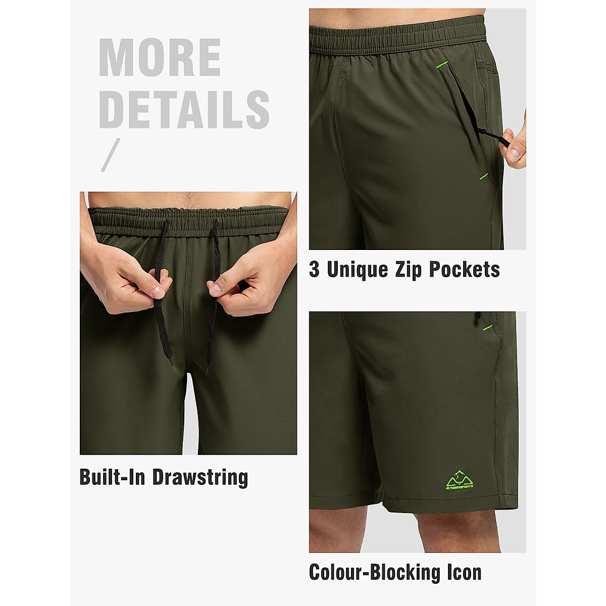 TBMPOY Men's Hiking Running 7" Shorts with Pockets Athletic Outdoor Sports Gym Running Short Zipper Pockets Army Green/Green L