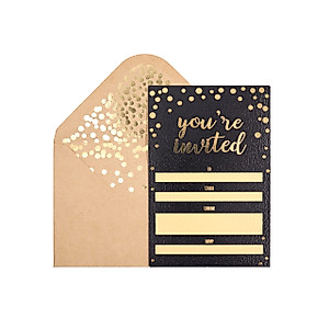 Chriz.Z Invitation Cards - 50-Count 4" x 6" Black Invitation Cards ‘’You Are Invited’’ in Gold Foil with 52 Gold Confetti Foil Kraft Envelopes – For Wedding, Bridal Shower, Baby Shower, Birthday
