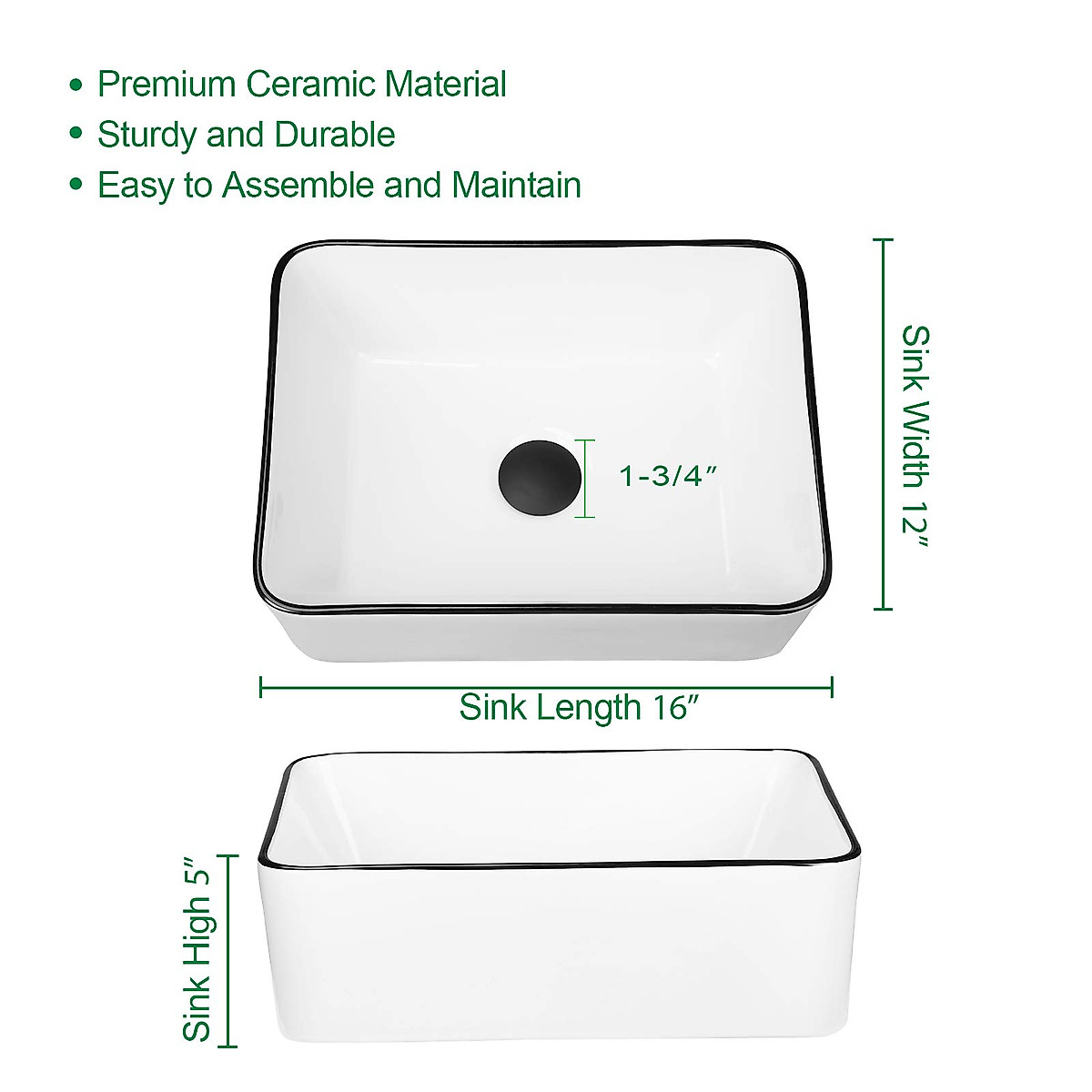 KSWIN Ceramic Rectangular Bathroom Vessel Sink, 16'' x 12'' Above Counter Porcelain Small Sink with Faucet Combo, White Body with Black Trim on The Top