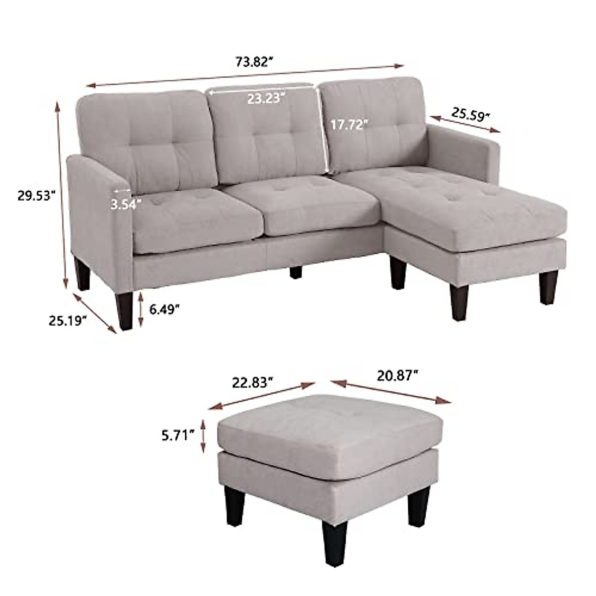 LETATA Convertible Sectional Sofa Couch with Chaise, Gray L Shaped Couch Sofa Set with Reversible Ottoman, Modern Small Sectional Couches for Living Room,Apartment,Small Spaces (Light Grey)