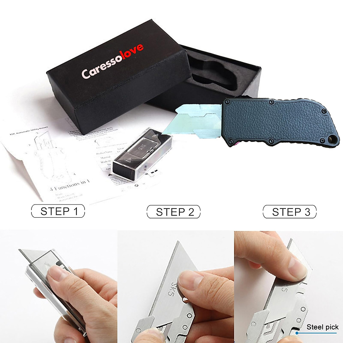 Caressolove Automatic Pocket Knife, Black Razor Blades Utility Knife, Box Cutters Retractable Heavy Duty, Premium Safety Push Button Knife with 5PCS Blades