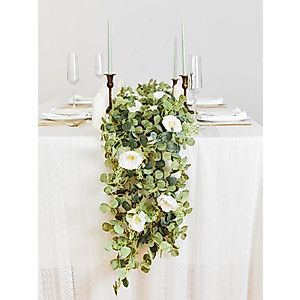 PARTY JOY 6.56ft Eucalyptus Garland with Flowers-8 White Roses, Artificial Fake Flowers Greenery Garland Floral Vines for Decoration Party Wedding Table Indoor Outdoor Backdrop Wall Decor(White)