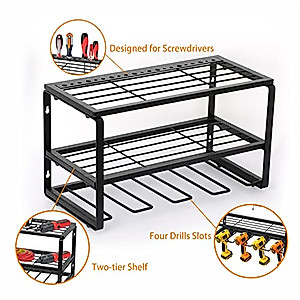 GOHIKING Wall Mount Tool Storage Rack, Garage Organization Heavy Duty Power Tool Organizer for 4 Drills & Batteries Fit Garage, Home, Workshop, Shed Power Tool Storage - Max Load 100lb