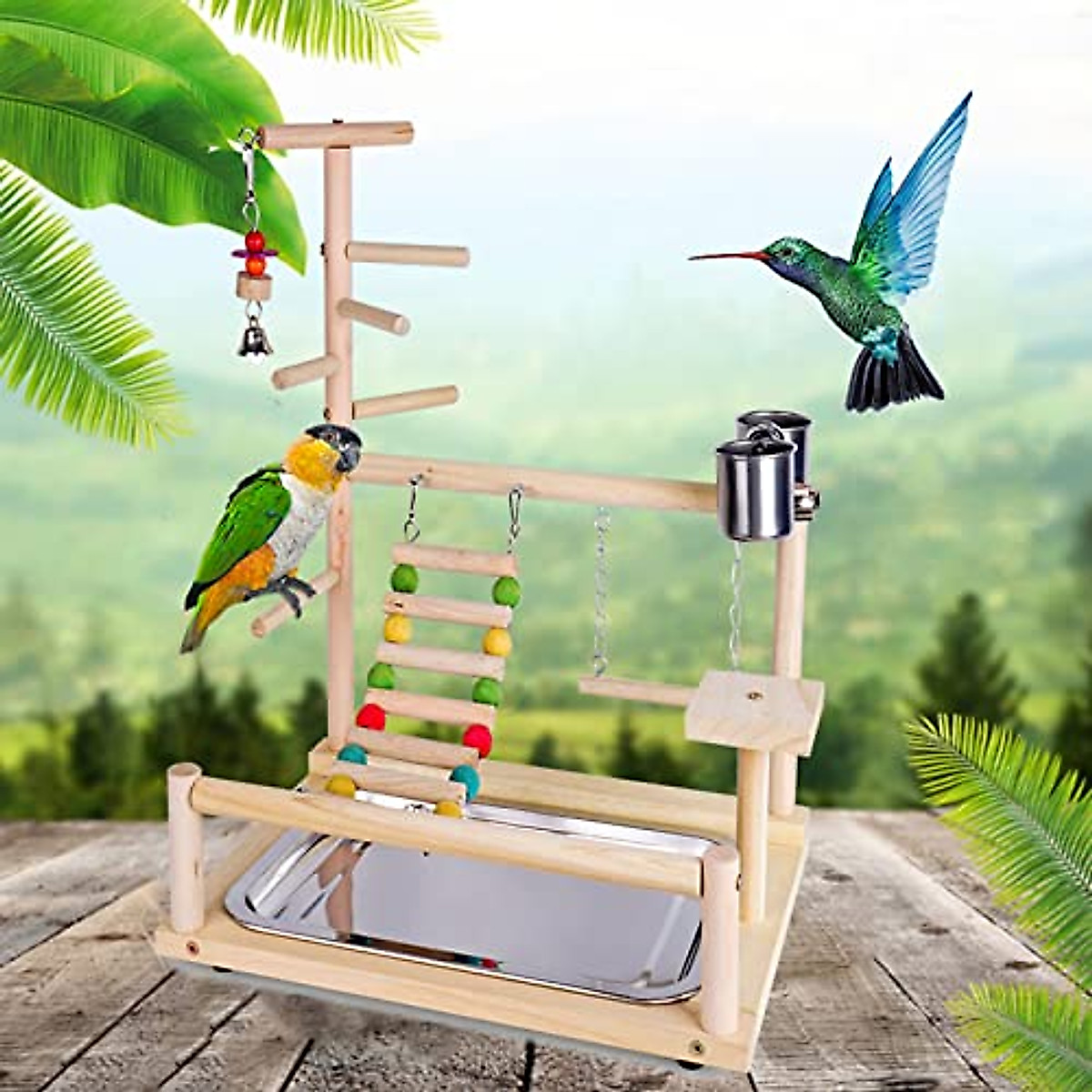 Fantasyday Bird Play Stand, Natural Wooden Bird Playground Birds Gym Bird Toy Accessories with Stainless Steel Feeding Stair Swing for Parrots, Finches # 2