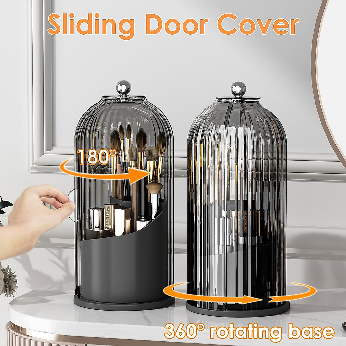 YOOLENS Makeup Brush Holder with Lid 360 Rotating Clear Dustproof Make Up Organizers for Vanity Bathroom Countertop, Black