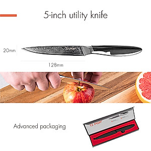 TJ POP Damascus Kitchen Utility Knife 5 Inch, Ultra Sharp Petty Chef Knife, Full-tang Knife, Japanese VG10 Steel Blade, Comfort Grip Non-slip G10 Handle