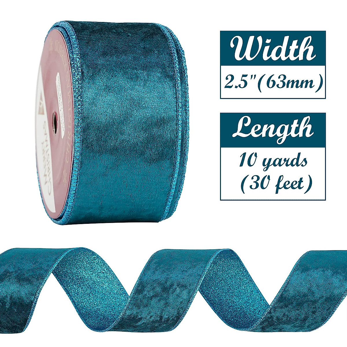 HUIHUANG Velvet Wired Ribbon Teal Ribbon Christmas Velvet Ribbon 2.5 inch Wide Turquoise Blue Metallic Glitter Ribbon for Christmas Tree Wreaths Gift Wrapping Bows Gralands Home Decor Crafts-10 Yards