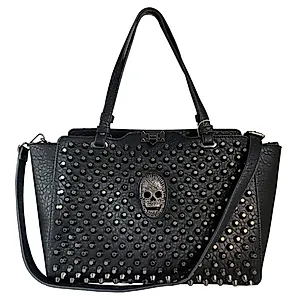 FiveloveTwo Women Skull Handbag Purse Gothic Top-handle Shoulder Bag PU Rivet Tote Satchel Black