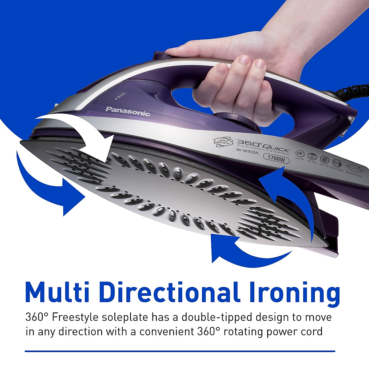 Panasonic Dry and Steam Iron with Alumite Soleplate, Fabric Temperature Dial and Safety Auto Shut Off – 1700 Watt Multi Directional Iron – NI-W950A, Purple