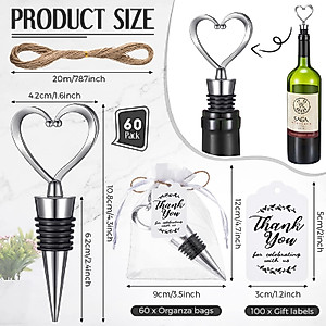 60 Pack Heart Shape Wine Stoppers Love Wine Bottle Stopper Silver Champagne Beer Bottle Stopper Decorative Wine Stopper with Sheer Bags, Labels for Wedding Gift Valentine's Day Decorations
