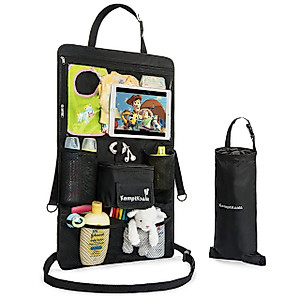 KemptKoala Ultimate Car Backseat Organizer w/Touch Screen Friendly 17” Tablet Pocket & Cup Holder – #1 Guaranteed Back Seat Car Organizer for Kids w/Handy Pockets for Wipes, Toys etc. Size: Large