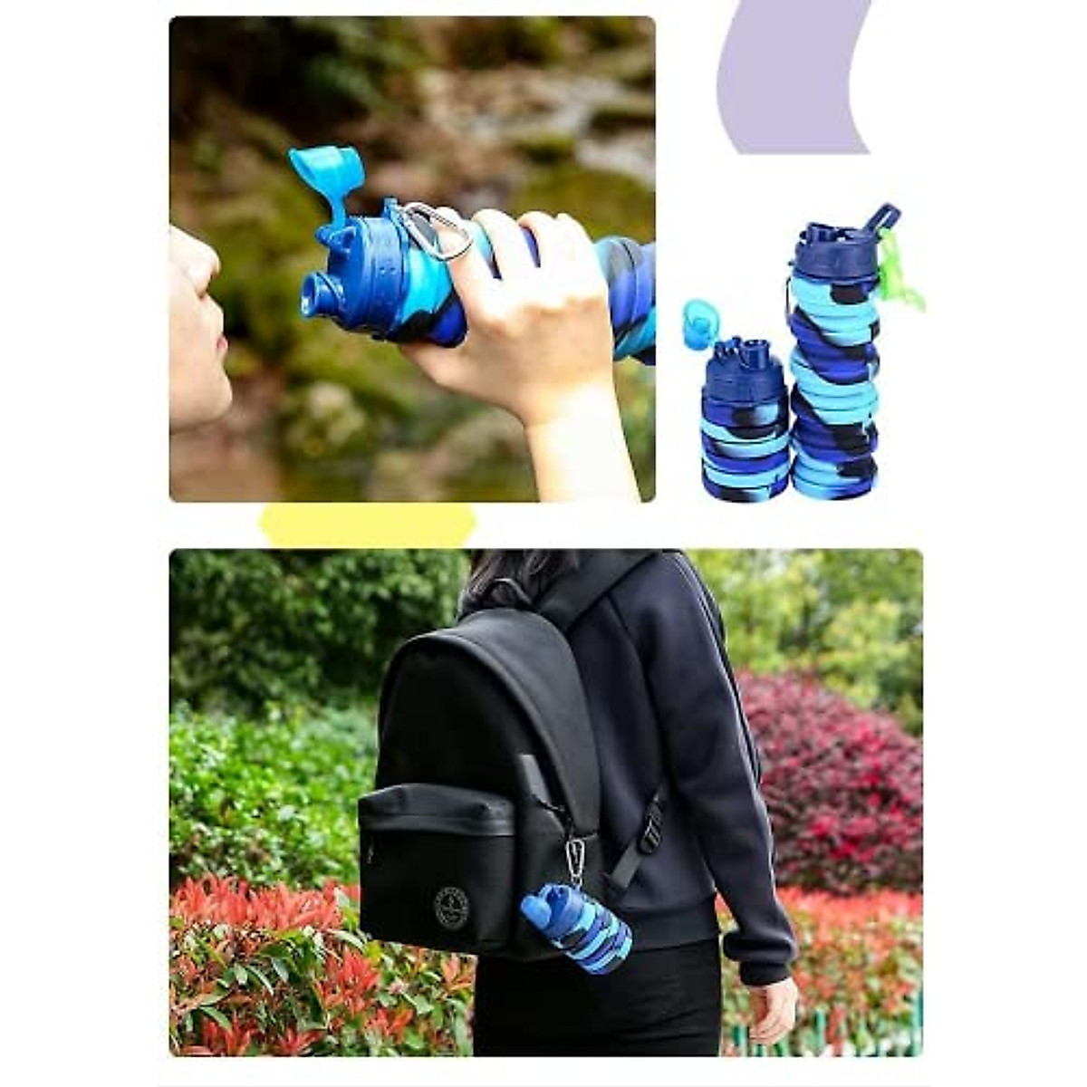 WATMHHJQ Silicone Collapsible Water Bottles, 16oz 500ml Portable Foldable Expandable Water Bottle Sports Cups with Carabiner, Leak Proof Reusable BPA Free, for Outdoor Activities Travel(2# Pink)