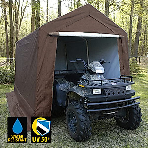 King Canopy Storage Shed 7-Feet by 12-Feet, 1.5-Inch Steel Frame, Enclosed w/roll-up Zipper Door, 185 GSM PE Cover, 6-Leg, Outdoor, Carport, Bicycle, Motorcycle, ATV, Gardening, Patio, Brown, G0712B