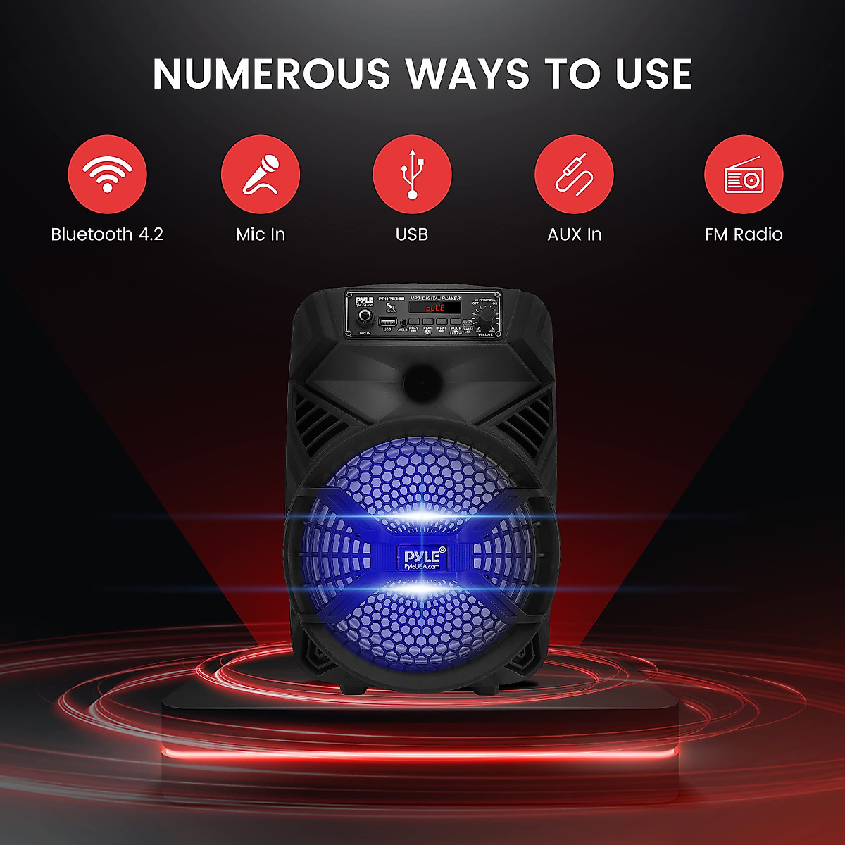 Portable Bluetooth PA Speaker System - 300W Rechargeable Indoor/Outdoor Bluetooth Portable PA System w/ 8” Subwoofer 1” Tweeter, Microphone In, Party Lights, MP3/USB, Radio, Remote - Pyle PPHP836B