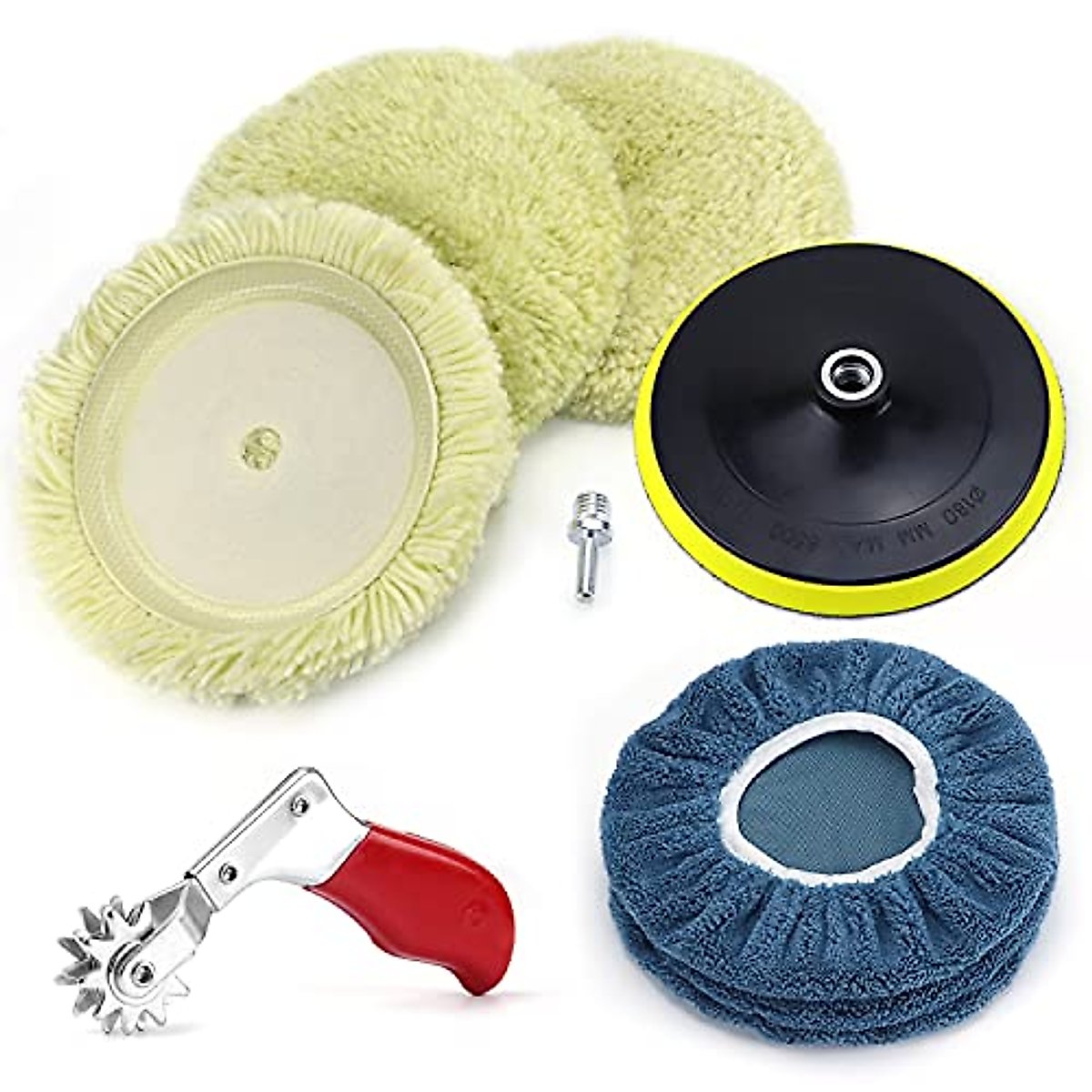 POLIWELL Wool Buffing Pads 7 Inch Set 100% Wool Buffing Pad Hook and Loop 3Pack, 5/8-11T Shark Backing Pad Kit, Cleaning Spur Tool + 7” Waxing Bonnet Pads 3pcs for Compound Cutting & Polishing, 9Pack