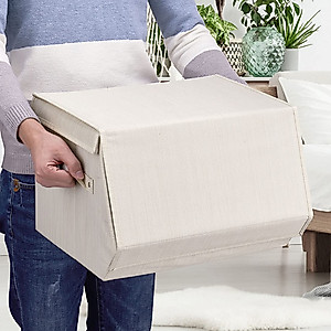 i BKGOO Set of 2 Stackable storage bins,Linen Fabric Foldable Storage Organizer Cubes Box whits Lids and Own-Handle Storage Organizer Bins for Home Office Nursery Living Room Beige 15x10.5 x10inch