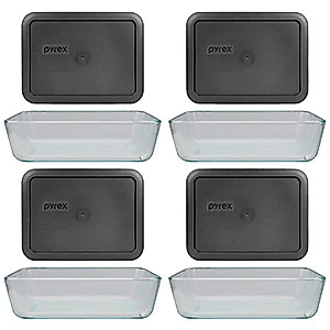 Pyrex (4 7210 Glass Dishes & (4) 7210-PC Charcoal Gray Lids