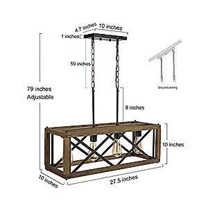 Farmhouse Chandelier, 4-Light Dining Room Lighting Fixtures Hanging, 27.5" Rustic Rectangle Chandelier for Kitchen Island