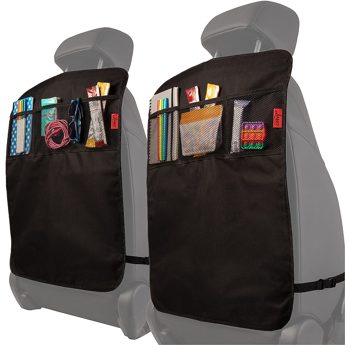 Lusso Gear Heavy Duty Kick Mats (2 Pk) - Waterproof Back Seat Organizer - Sag Proof Car Seat Cover for Kids - Black Kick Mats Car Protector with 3 Reinforced Storage Pockets - Backseat Protector