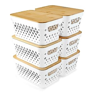 Small Storage Bins with Lids-Plastic Storage Containers Storage Baskets for Organizing Desktop Closet Playroom Classroom Office,Set of 6，White
