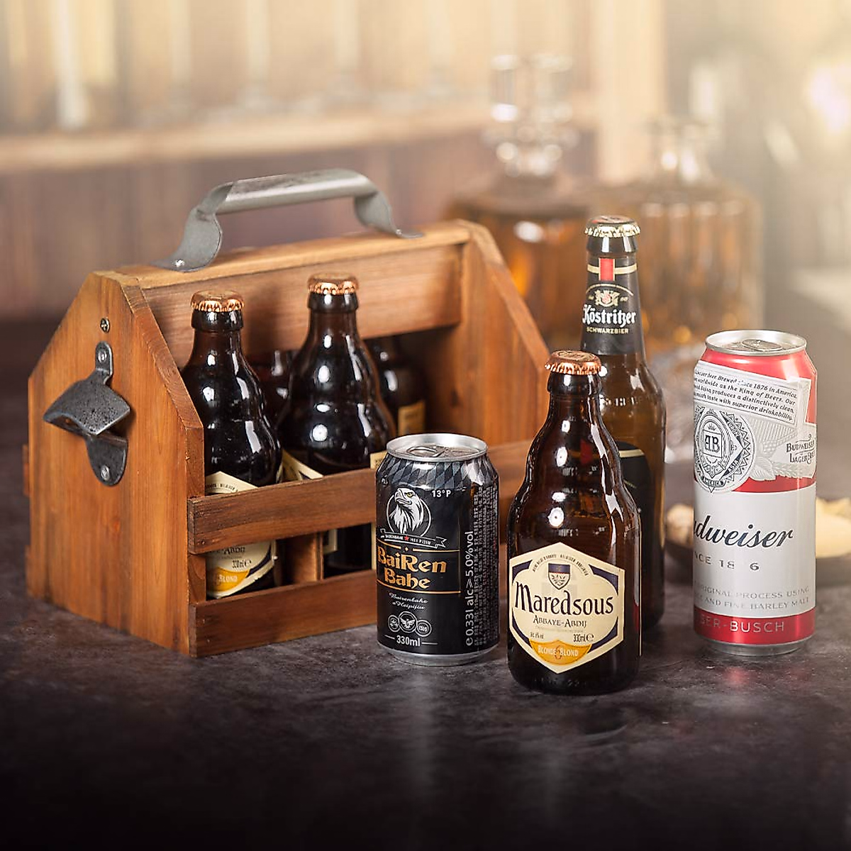 BARGIFTS Wooden 6-Bottle Caddy with Bottle Opener, build in a Removable Middle Divider Metal Bottle Opener… (Brown)