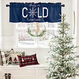 Kitchen Curtains Valances for Windows, Christmas Valance Curtains Rod Pocket Window Treatment Decor Valances for Living Room Bedroom Cold Winter Snowflakes Blue Backdrop, 1 Panel 54 x 18 Inch