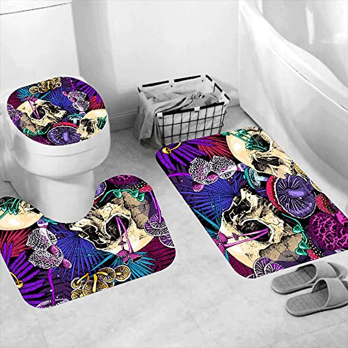 RinRinfam 4Pcs Purple Trippy Mushroom Shower Curtain Set, Fantasy Plant Skeleton Cool Skull Shower Curtain Set Non-Slip Rug,Toilet Lid Cover,U Shape Mat,Waterproof Bathroom Decor Sets with 12 Hooks