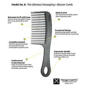 Chicago Comb Model 8 Carbon Fiber, Made in USA, Anti-static, Detangling & Shower comb, adds Lift & Volume, 8.5 inches (21.5 cm) long