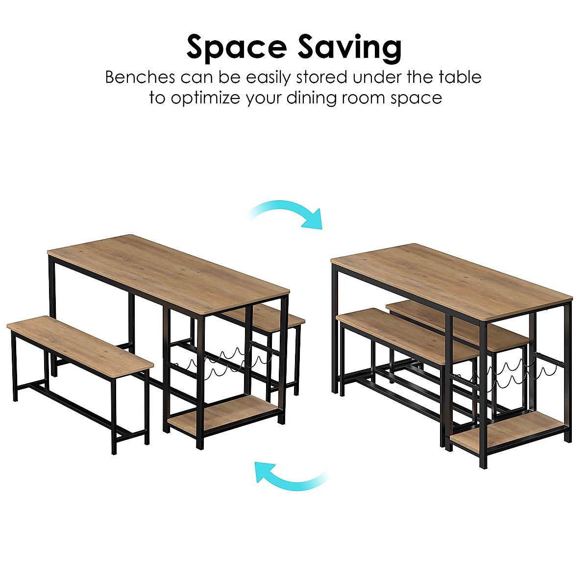 BOTLOG 3-Piece Kitchen Table for 4, 54.7" Dining Table Set with 2 Benches, Dining Room Table with MDF Wood Board, Storage Shelf, Wine and Glass Rack, Industrial (Brown)