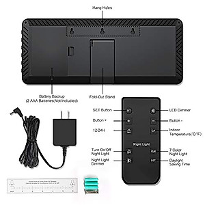 YORTOT 16” Large Digital Wall Clock with Remote Control - Adjustable Dimmer, 7 Color Night Lights, Big LED Clock with Indoor Temperature, Date, Auto DST, 12/24Hour, Wall Mount/Foldable Stand