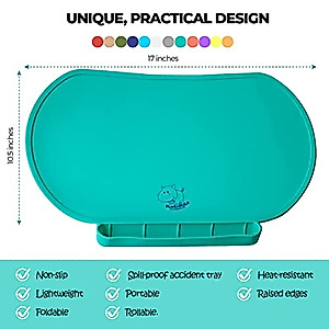 Food Catching Baby Placemat with Non-Slip, Premium Quality, Food Grade Silicone for Max Hygiene, Unique Raised Edge, Spill Proof Accident Tray, Lightweight and Portable, 6 Colors (Bashful Blue)