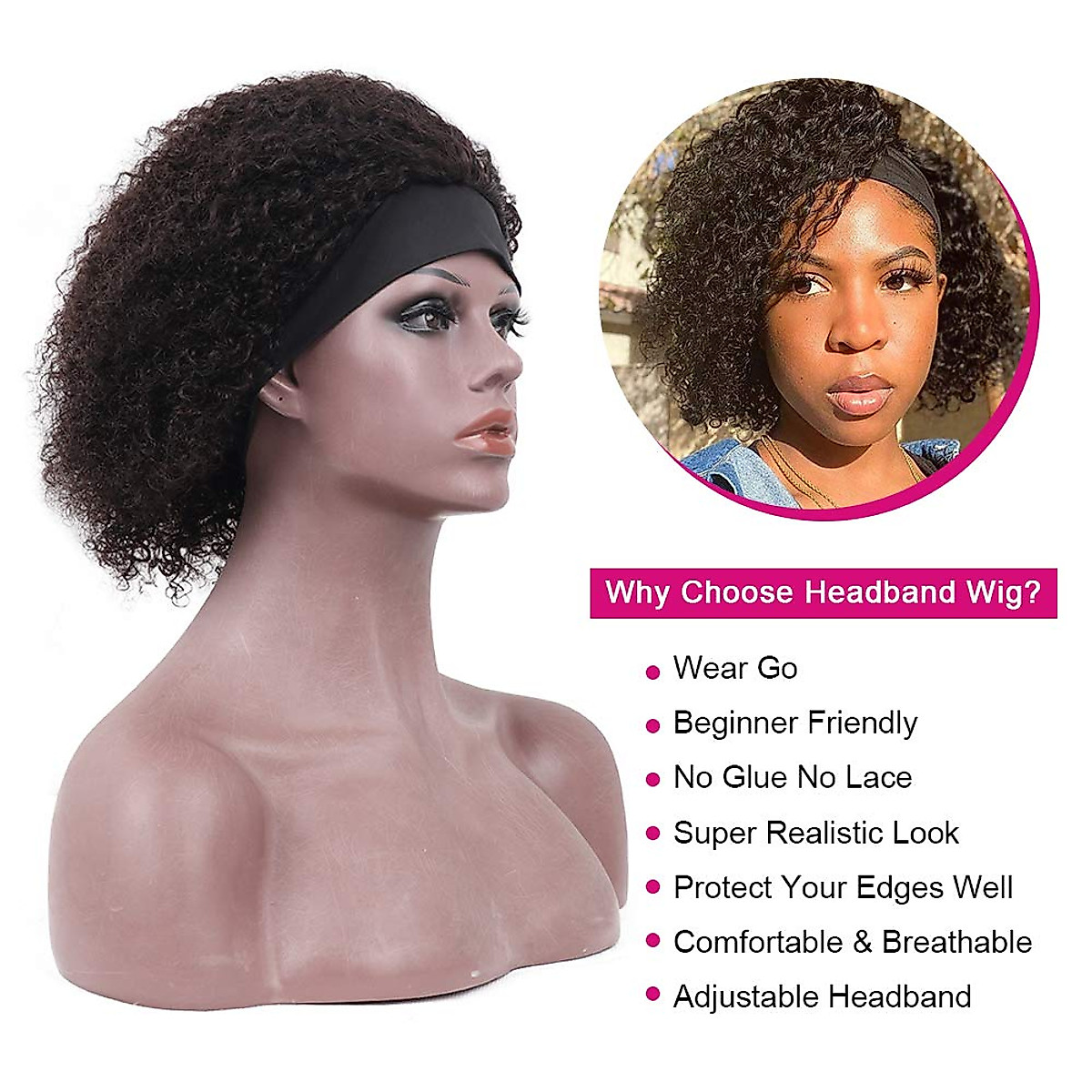 Legendhair Glueless Wig Human Hair Curly Bob Pixie Cut Headband Wigs Human Hair Afro kinky Curly None Lace Front Wigs for Black Women 180% Density Machine Made Headband Wigs Natural Color (8Inch)
