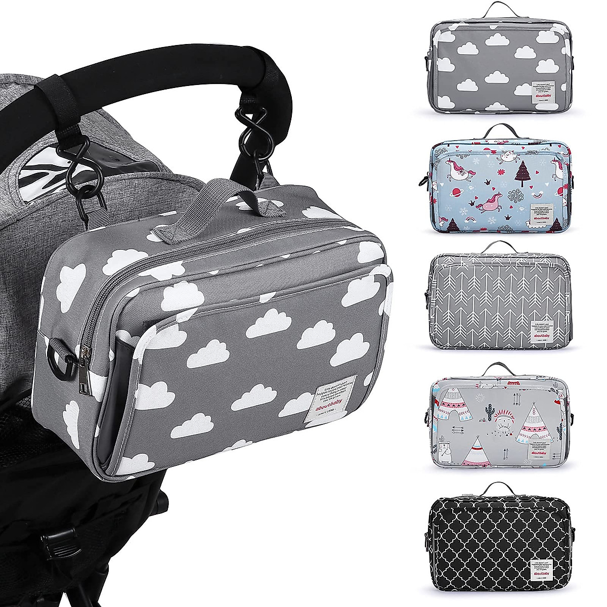 Small Diaper Bag, Stroller Organizer Bags for Baby with Insulated Pocket, Stroller Hooks and Adjustable Strap,Universal Mini Diaper Tote Bags Fit All Strollers, Gray