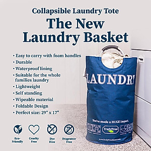 Truly Free Waterproof Laundry Tote - Fabric Hamper with Handles for Bedroom, Dorm, Teen Room - Standing Clothes Basket for Dirty Laundry