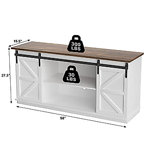 JUMMICO Farmhouse TV Stand up to 65 Inches, Mid Century Modern Entertainment Center with Sliding Barn Doors and Storage Cabinets, Metal Media TV Console Table for Living Room Bedroom (Bright White)