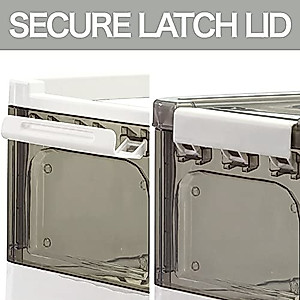 EZOWare 15 Quart Stackable Lidded Plastic Storage Bins with Front Opening and Wheels, 2 Pack Foldable Organizer Cube Box Containers with Latch Lid - White and Clear Gray