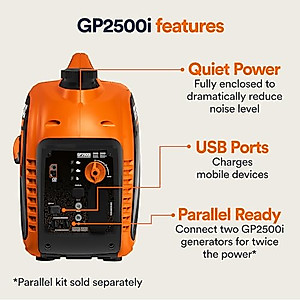 Generac 8251 GP2500i 2,500-Watt Gas Powered Portable Inverter Generator - Compact and Lightweight Design - Produces Clean, Stable Power - COsense Technology - CARB Compliant - Orange/Black