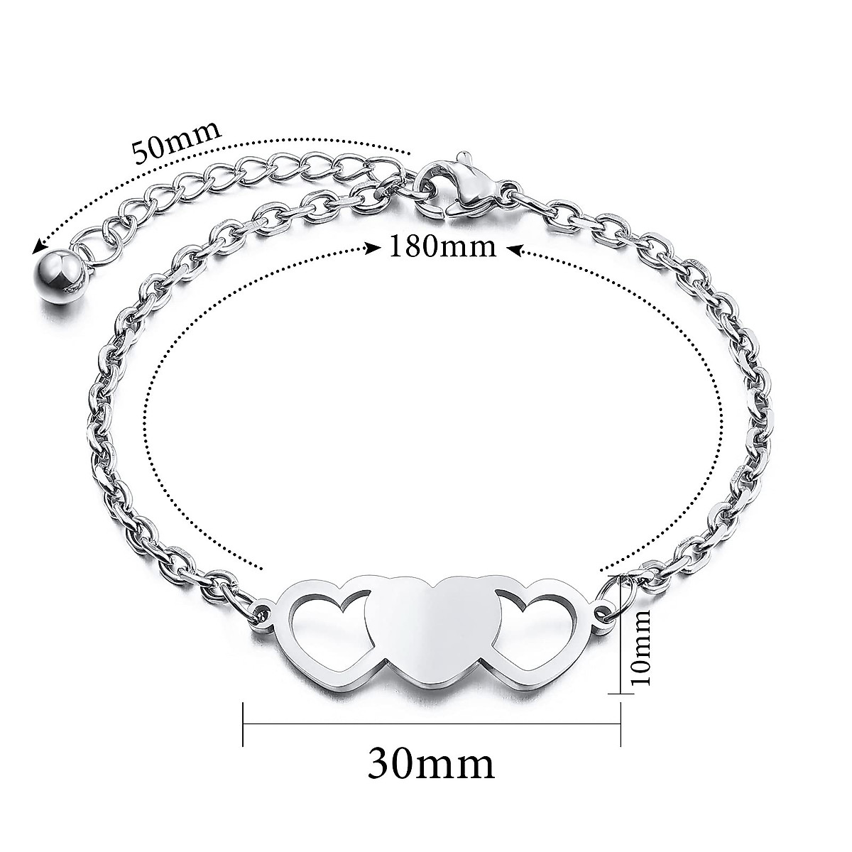 INBLUE 2～3 PCS Personalized Heart Shape Bracelets Set Best Friend Name Customized 1～3 Names for Women Friendship BFF Bracelets for 2～3 Sisters (Silver 3 pcs)