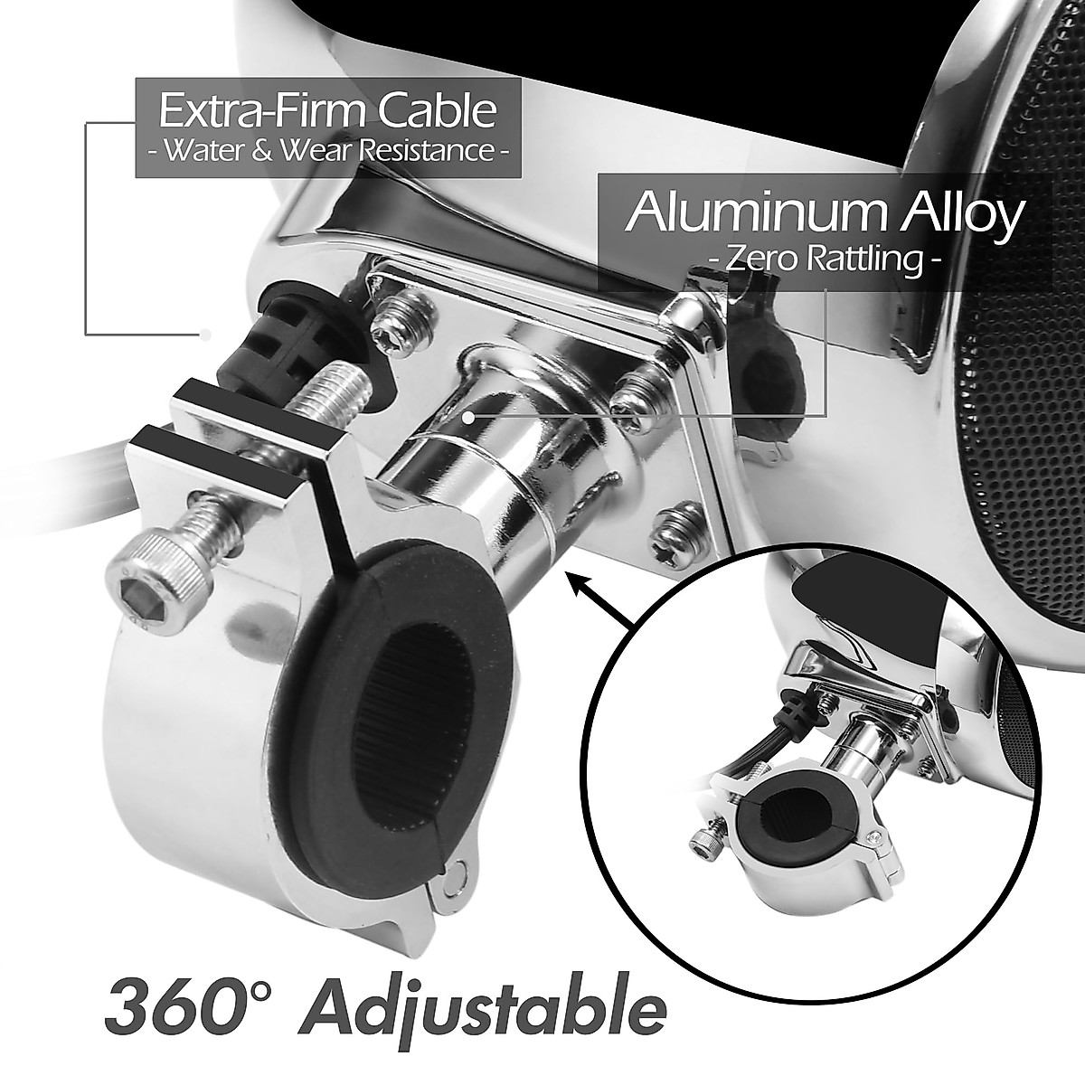 GoHawk AN4-X All-in-One Built-in Amplifier 4.5" Full Range Waterproof Bluetooth Motorcycle Stereo Speakers Audio Amp System, 1 to 1-1/4" Ape-Hanger Handlebar Harley Custom Touring Cruiser Chrome