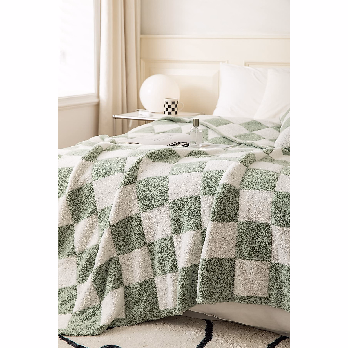 Ultra-Soft Buffalo Checkerboard Grid Fluffy Microfiber Knitted Throw Blanket Super Cozy Lightweight Checkered Bed Blanket for Sofa Couch Bed Matcha 51"X63"
