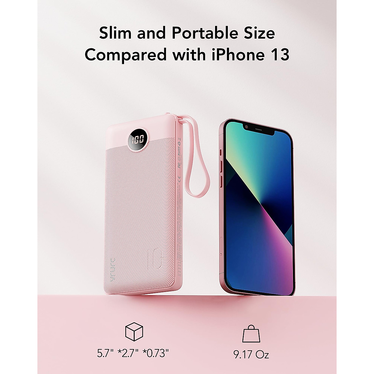 VRURC Portable Charger 10000mAh, Slim LED Display Power Bank, 5 Output 2 Input Cell Phone Battery Pack, Built-in Micro & USB C Cables Phone Charger Compatible with iPhone,Samsung,Android-Pink(1 Pack)