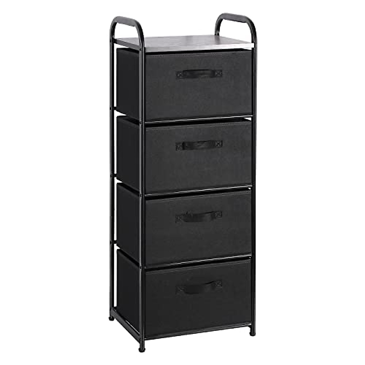 MAX Houser 4 Drawer Fabric Dresser Tall Storage Tower, Dresser Chest with Wood Top, Vertical Nightstand Side Organizer Unit with Metal Frame for Closets Bedroom Nursery Room Hallway(Black)