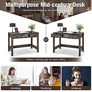 Tangkula Mid-Century Computer Desk with 2 Storage Drawers, Modern Home Office Desk with Storage Cubby, Study Writing Desk, Compact Laptop PC Desk Workstation, Wooden Vanity Desk for Bedroom (Grey)