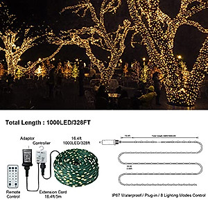 Honadar Christmas Rope Lights,1000LED/328Ft Outdoor Decorative String Strobe with 8 Modes/Remote/IP67 Waterproof/Timer/Memory Function for Xmas Holiday/Wedding/Party/DIY/Garden/Patio/Atmosphere Decor