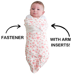 Norani Baby Snugababe Swaddle | Organic Cotton | Patented Newborn Baby Swaddle Blanket with Arm Inserts and Fastener | Pink Hearts